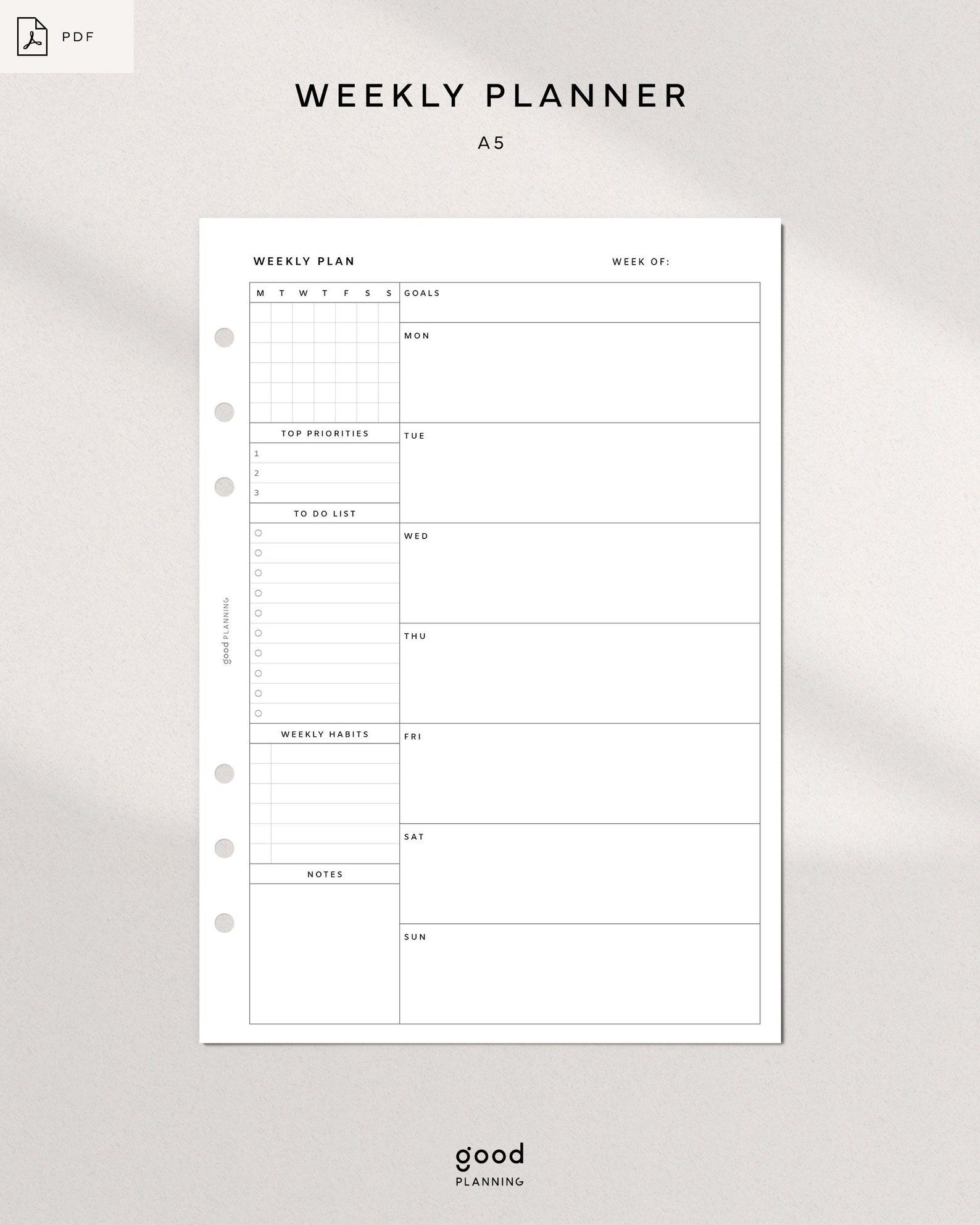 Weekly Planner | A5 Ring Printable Planner Inserts PDF | WO1P Layout ...