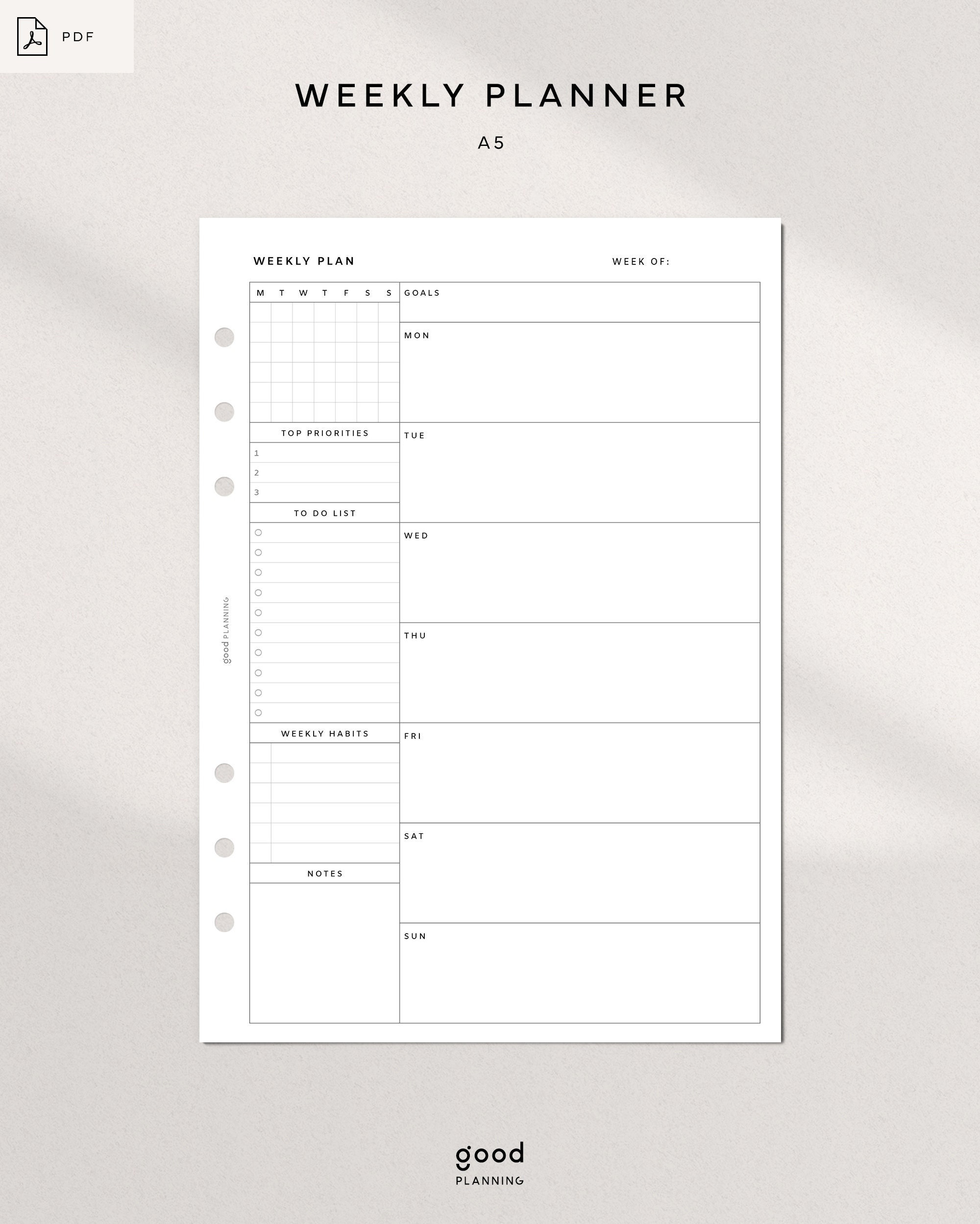 Weekly Planner | A5 Ring Printable Planner Inserts PDF | WO1P Layout Template | Undated Weekly ...