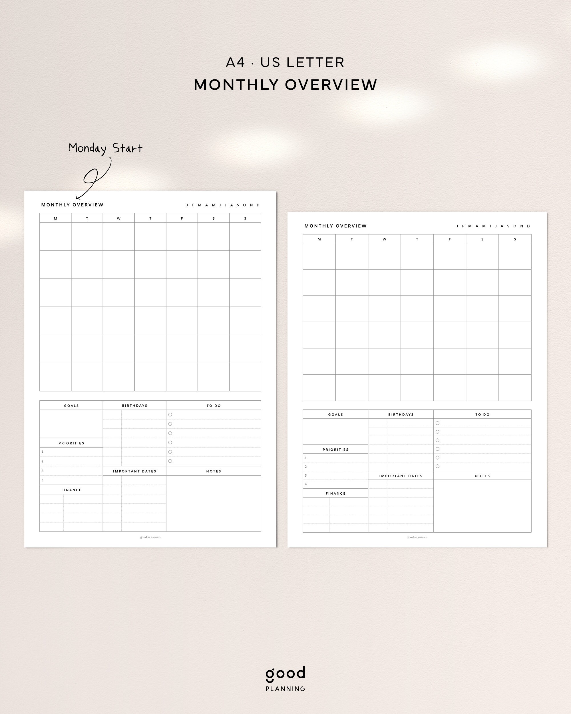 Monthly Overview Page | Undated A4, Letter Printable PDF | Monthly ...