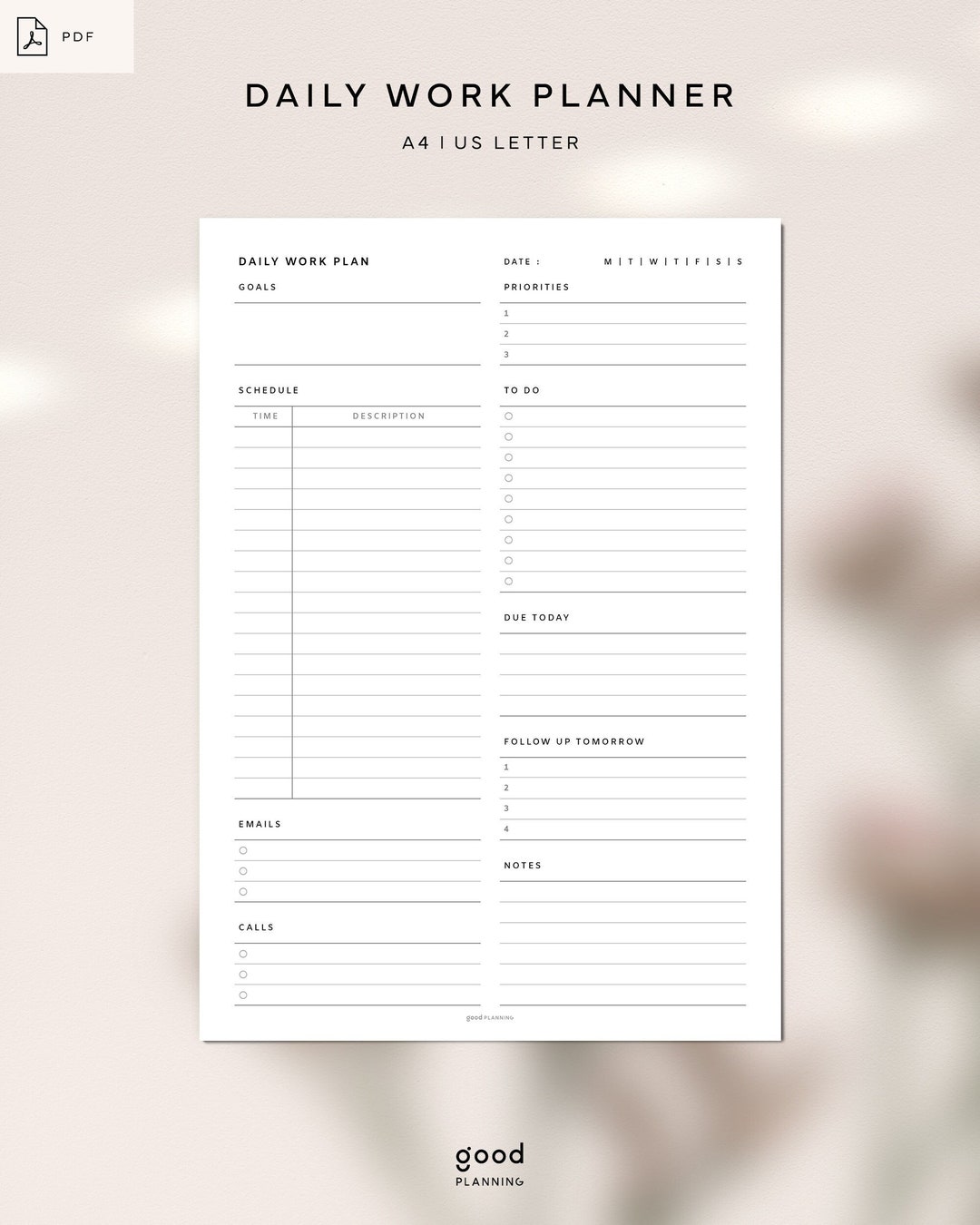 Daily Work Planner | A4, US Letter Printable | Work From Home Organizer ...