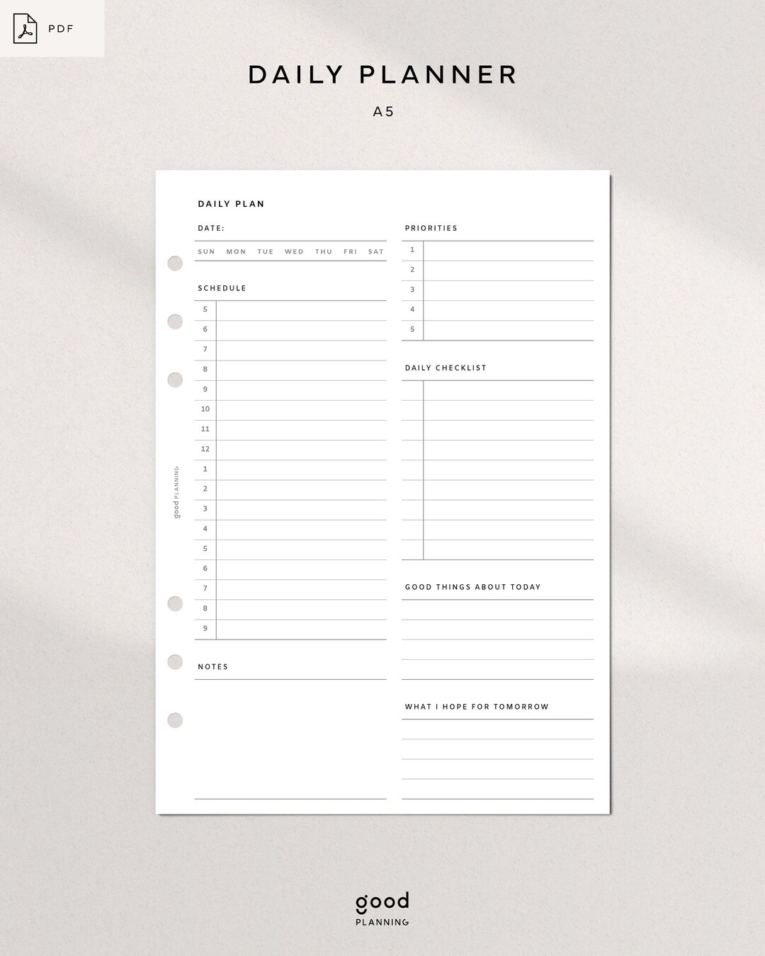 Daily Planner Printable | A5, One Page, PDF| Hourly Schedule | Today ...