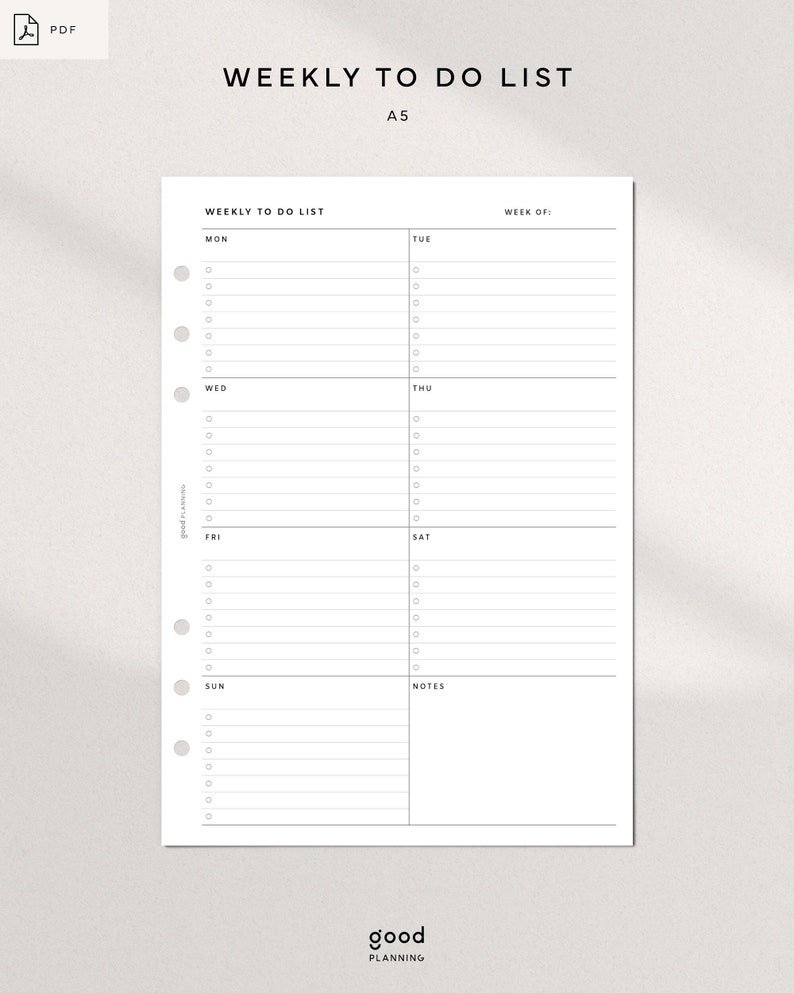 Weekly to Do List Planner | A5 Printable Inserts PDF | A Week on a Page ...