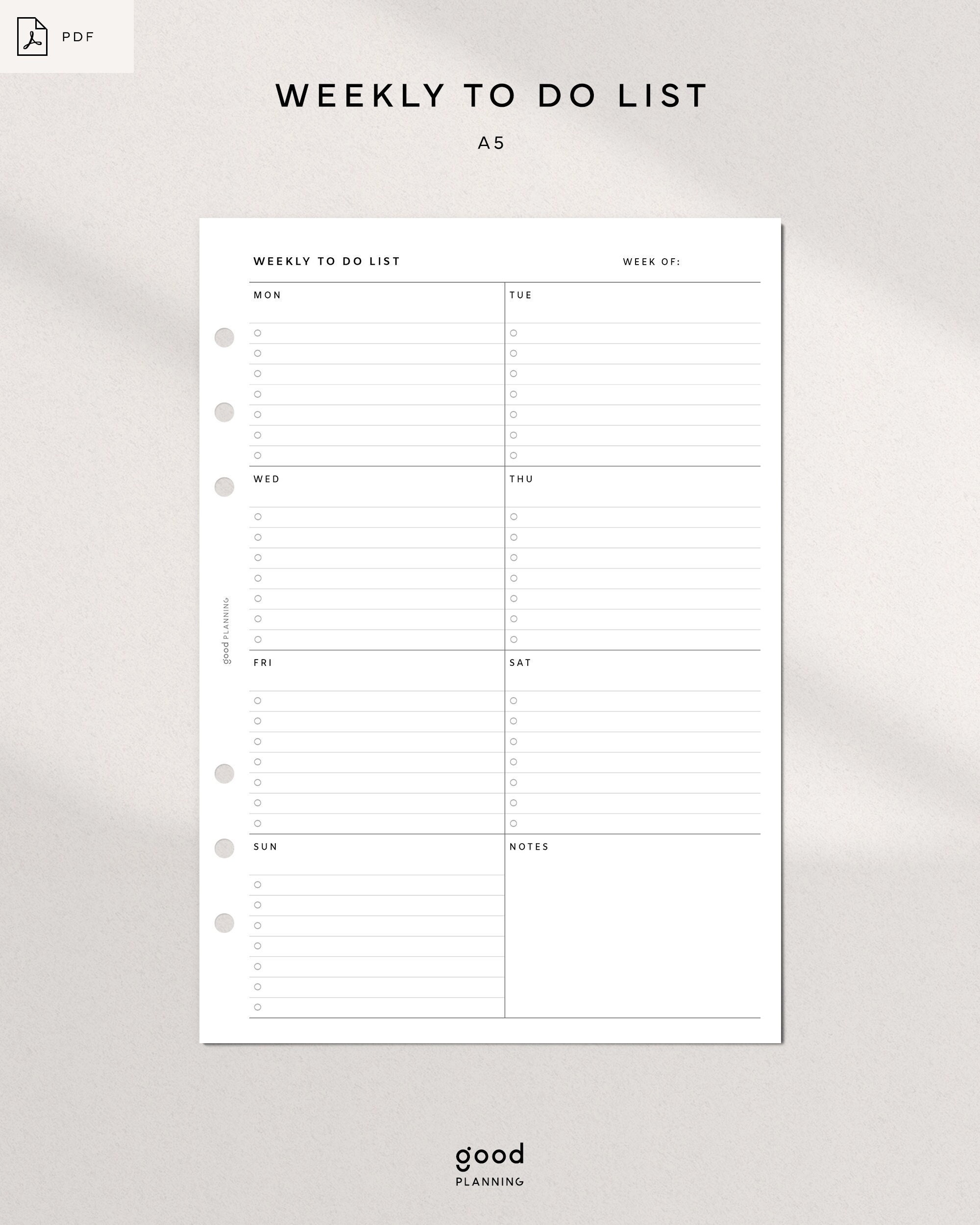 Weekly to Do List Planner | A5 Printable Inserts PDF | A Week on a Page ...