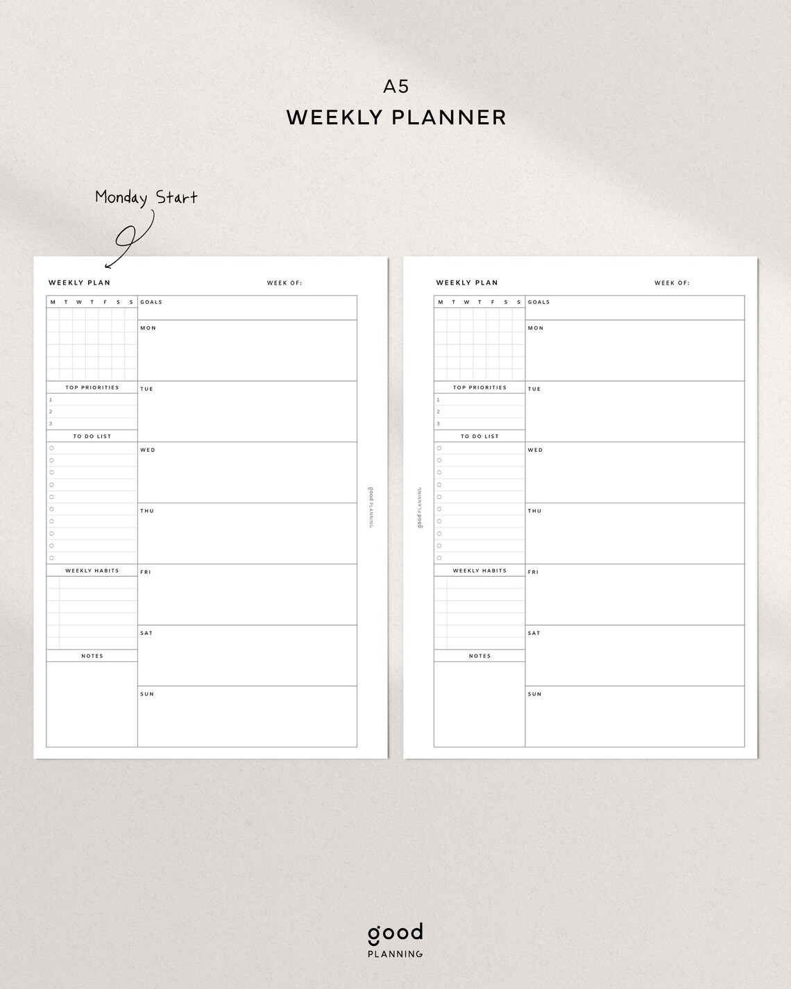 Weekly Planner | A5 Ring Printable Planner Inserts PDF | WO1P Layout ...