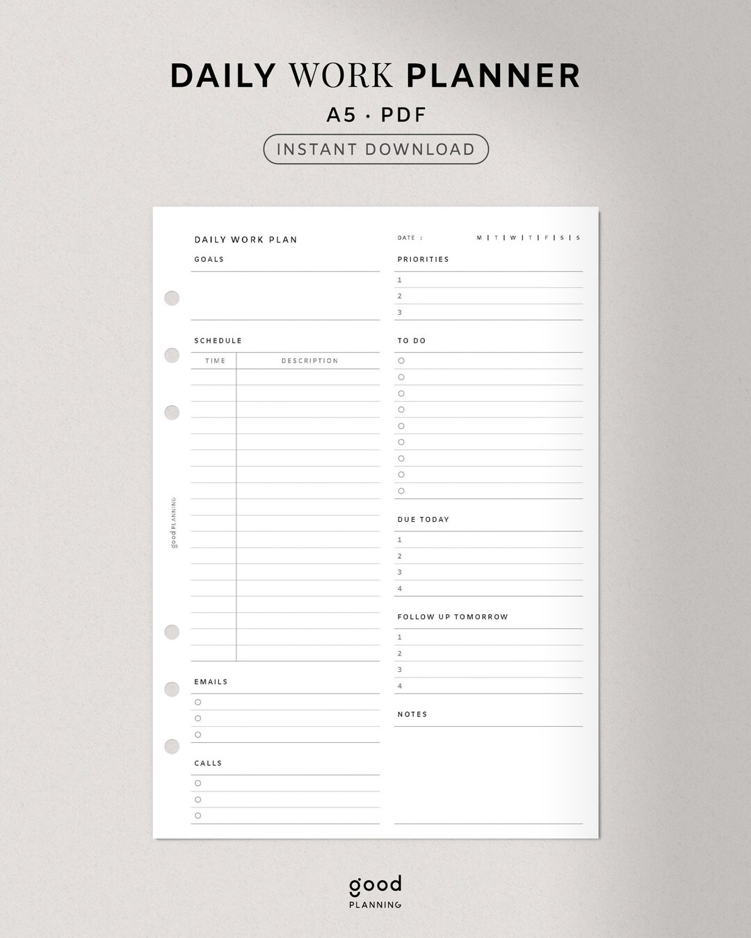 Daily Work Plannera5 Printablework From Home Organizerwork - Etsy