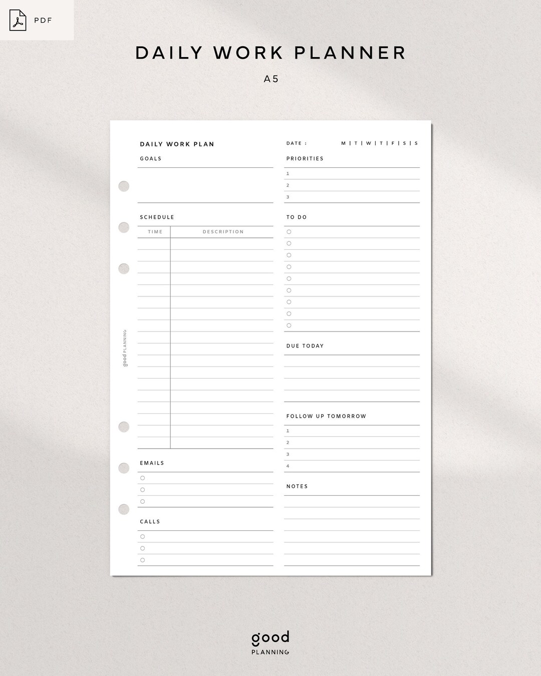 Daily Work Planner|a5 Printable|work From Home Organizer|work Day ...