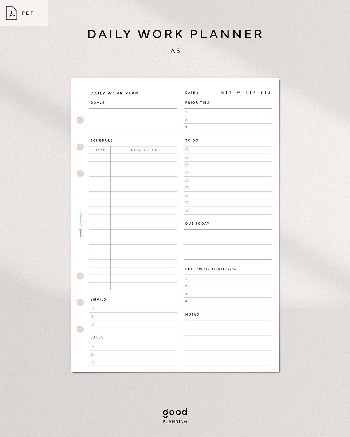 Daily Work Planner|a5 Printable|work From Home Organizer|work Day ...