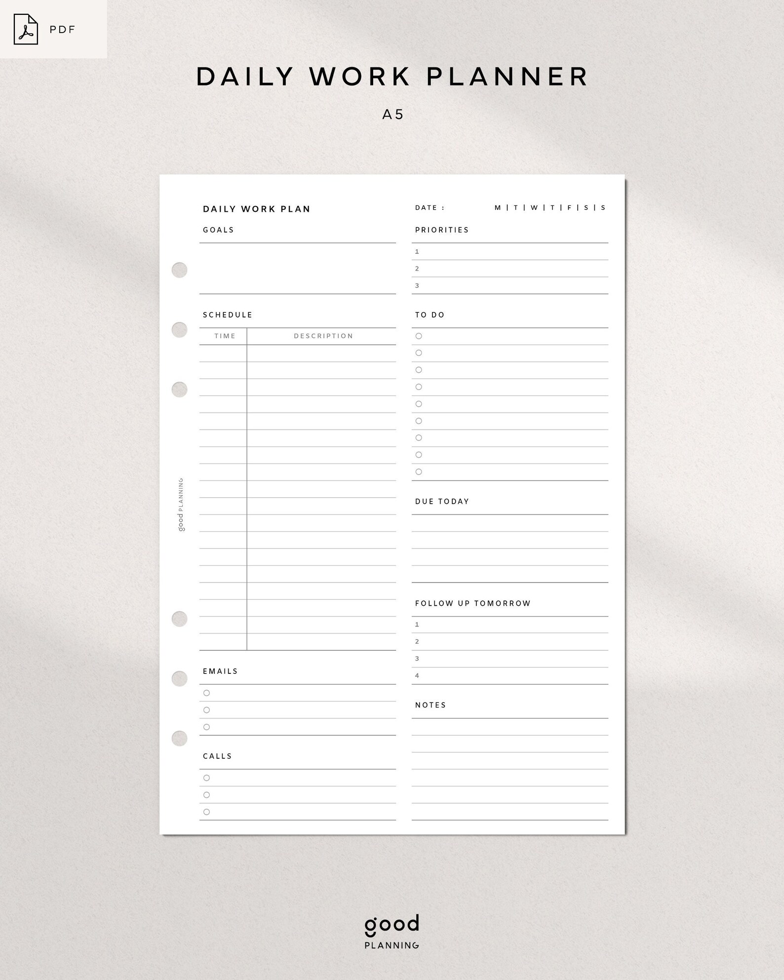 Daily Work Planner|a5 Printable|work From Home Organizer|work Day ...