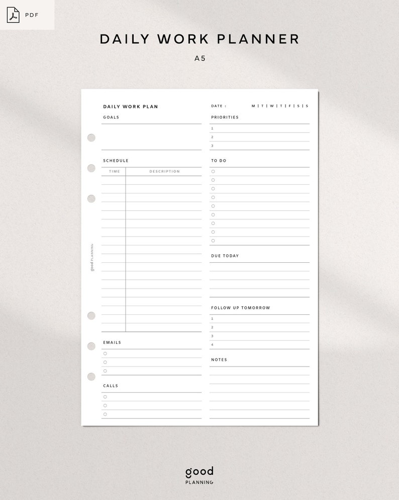 Daily Work Planner|a5 Printable|work From Home Organizer|work Day ...