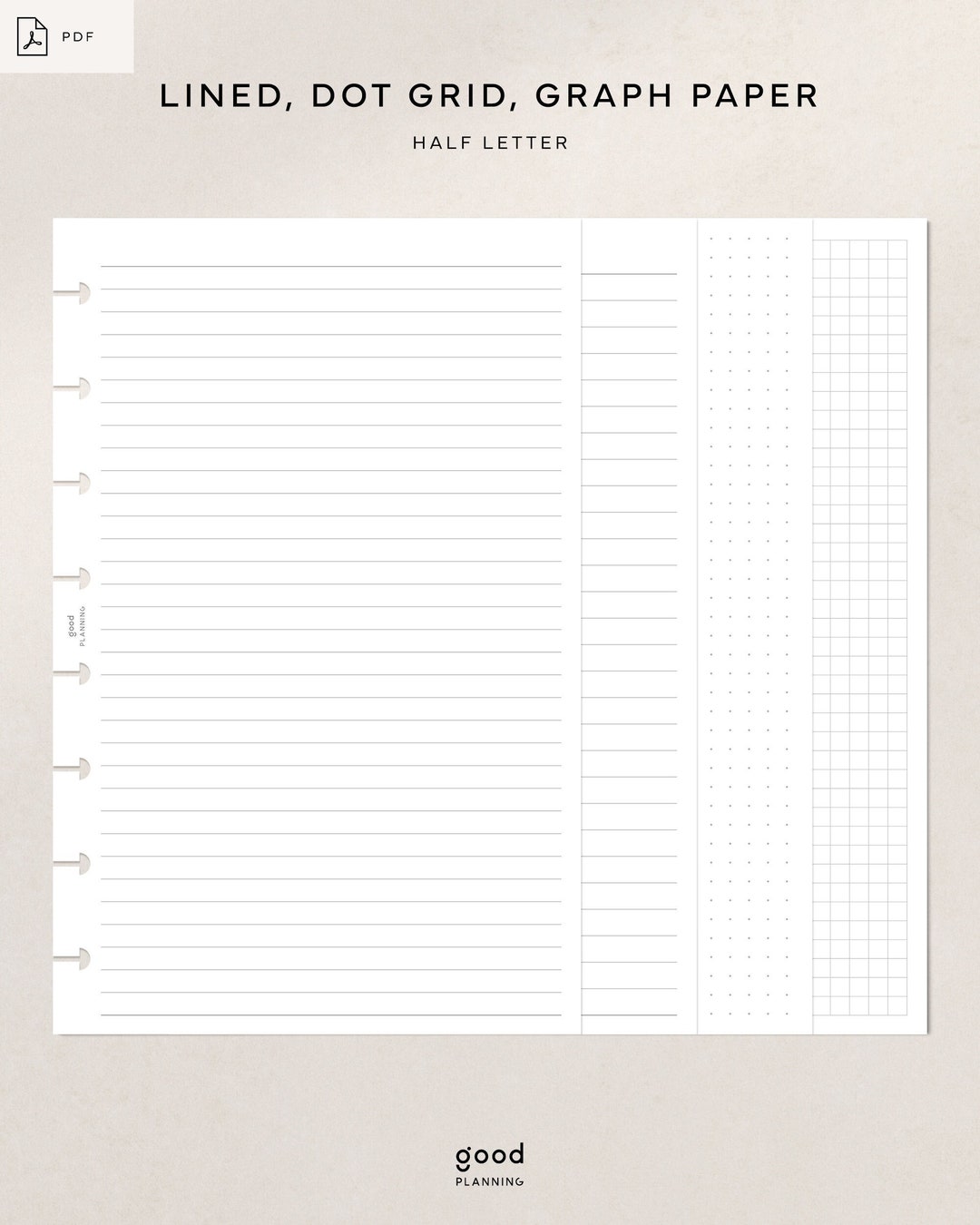 Lined, Dot Grid, Graph Paper Bundle | Half Letter Size | Printable PDF ...