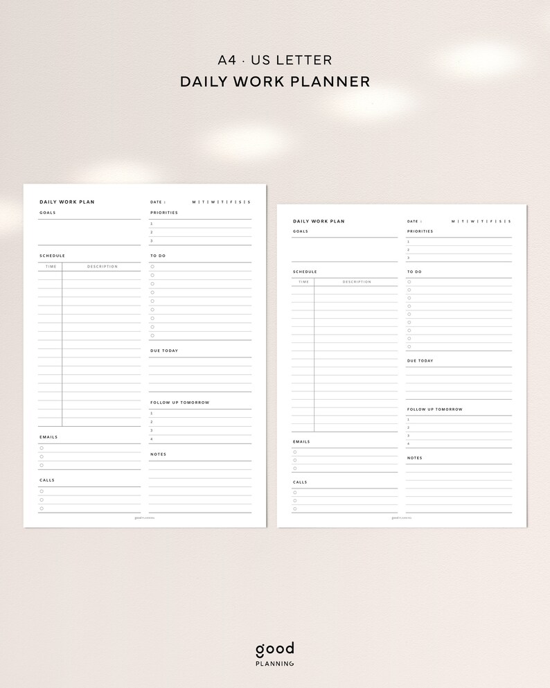 Daily Work Planner | A4, US Letter Printable | Work From Home Organizer ...