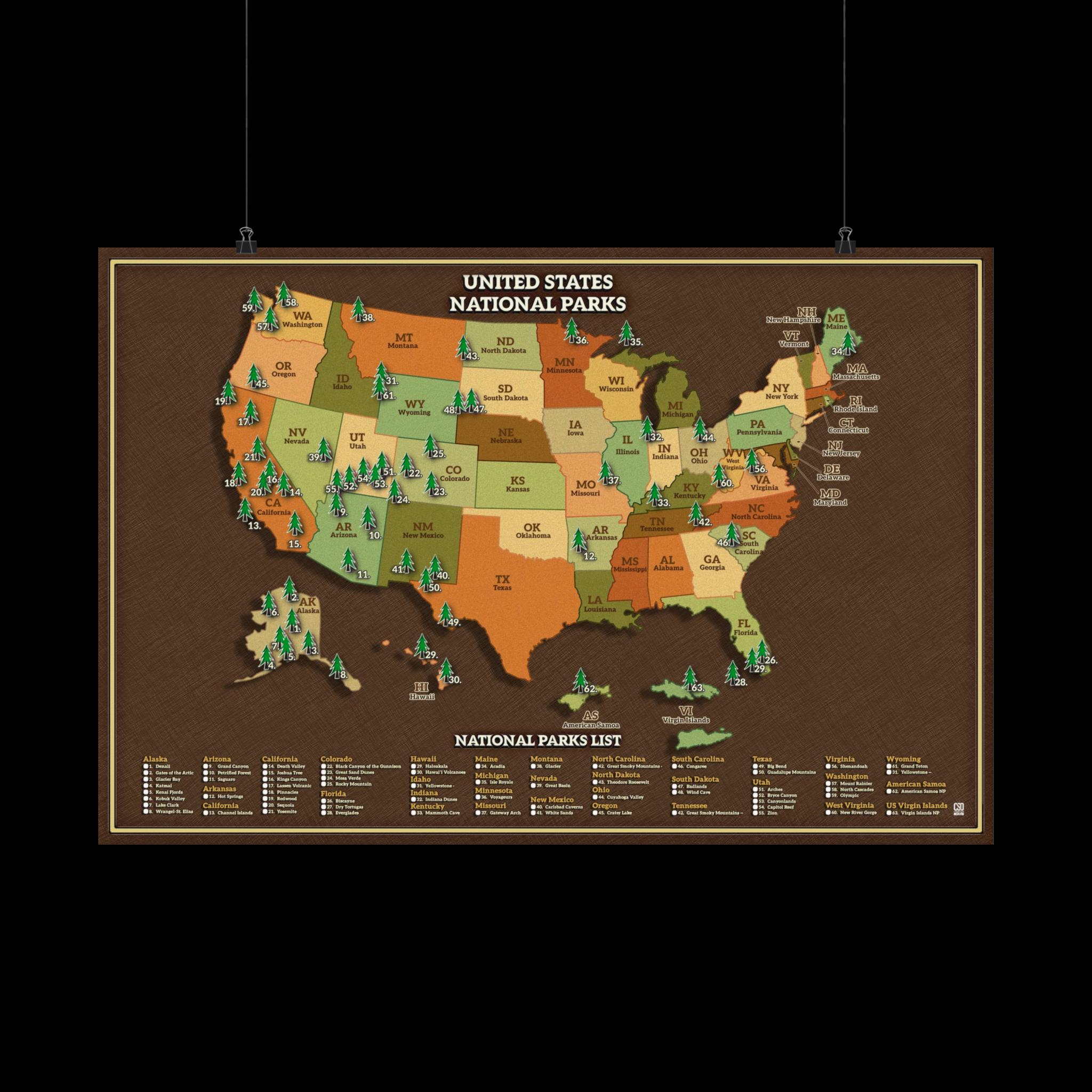 US National Park Map Checklist Horizontal Poster, Outdoor Explorer Gift ...
