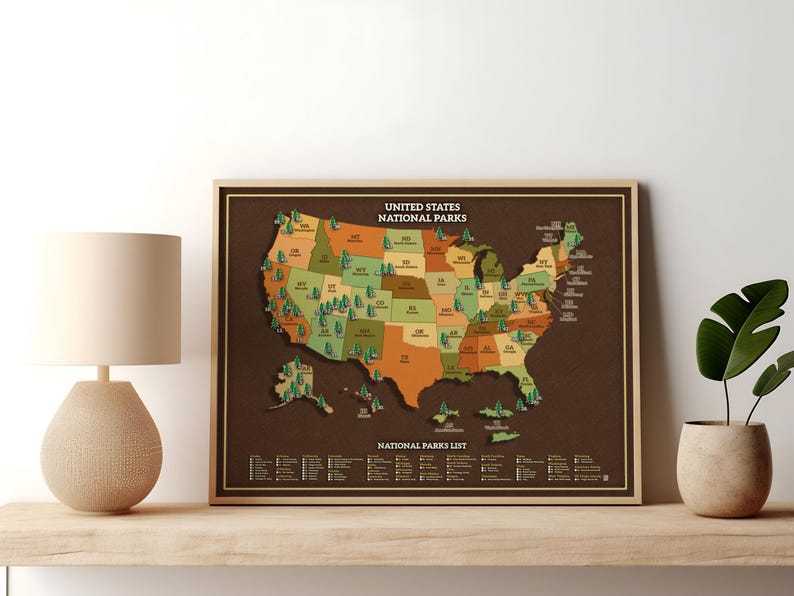 US National Park Map Checklist Horizontal Poster, Outdoor Explorer Gift ...