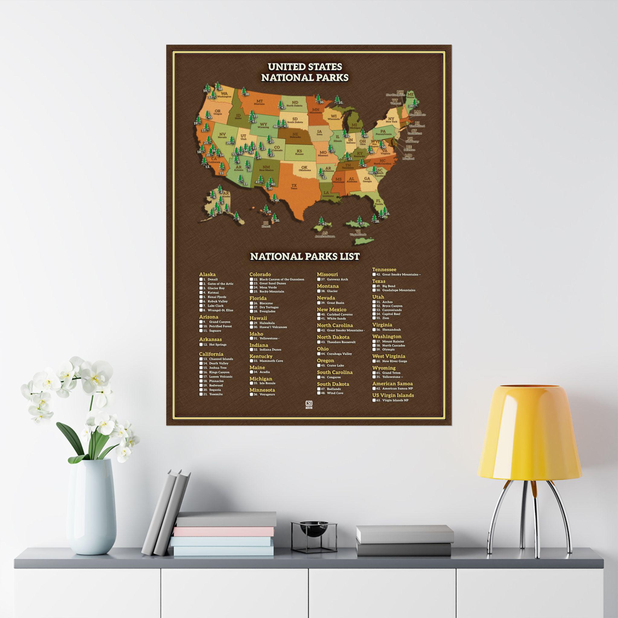 US National Park Map Checklist, Outdoor Explorer Gift, Hiking Art Print ...