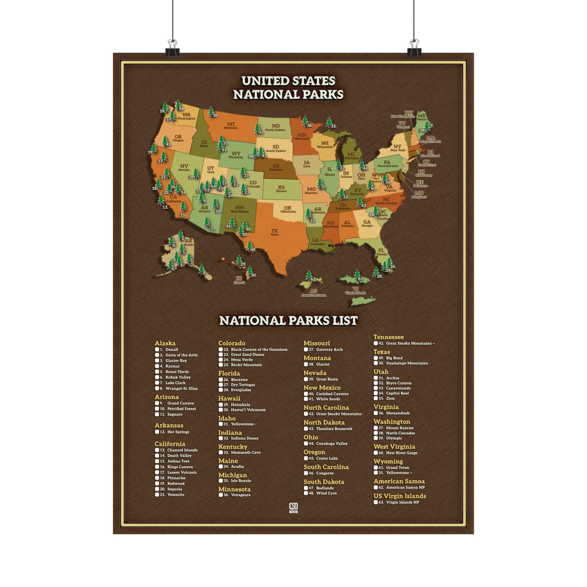 US National Park Map Checklist, Outdoor Explorer Gift, Hiking Art Print ...