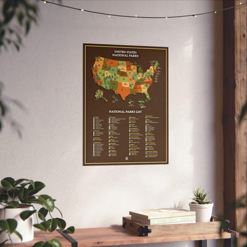 US National Park Map Checklist, Outdoor Explorer Gift, Hiking Art Print ...