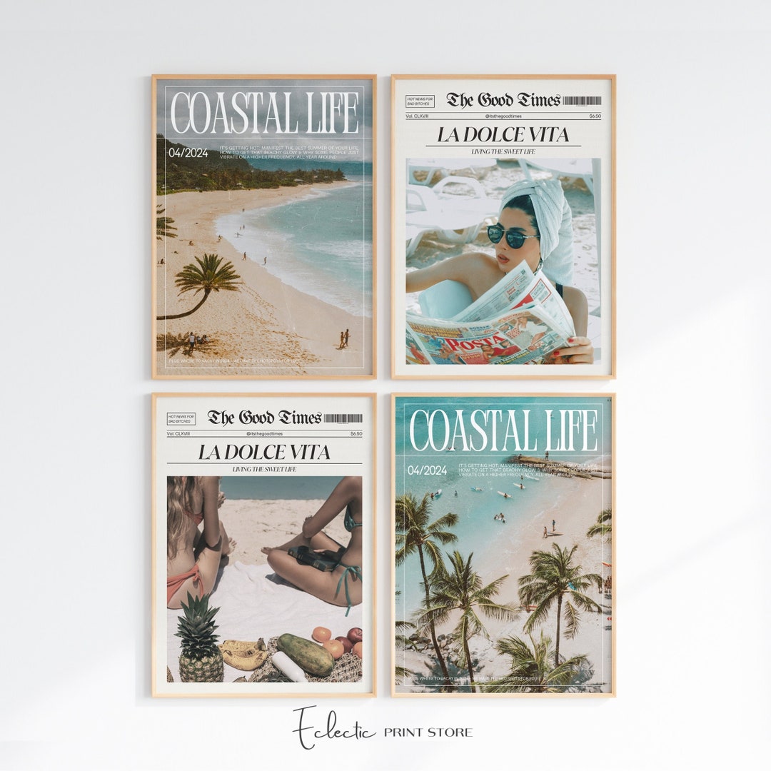 Beachy Newspaper Wall Art Set of 4 Prints Retro Coastal Print Coastal ...