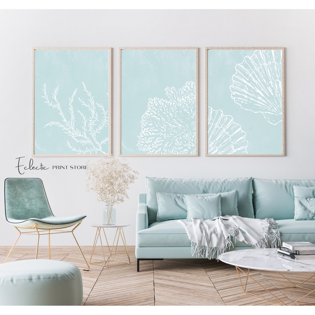 Nautical Wall Art Set of 3 Light Blue Prints Coastal Prints Shell Print ...