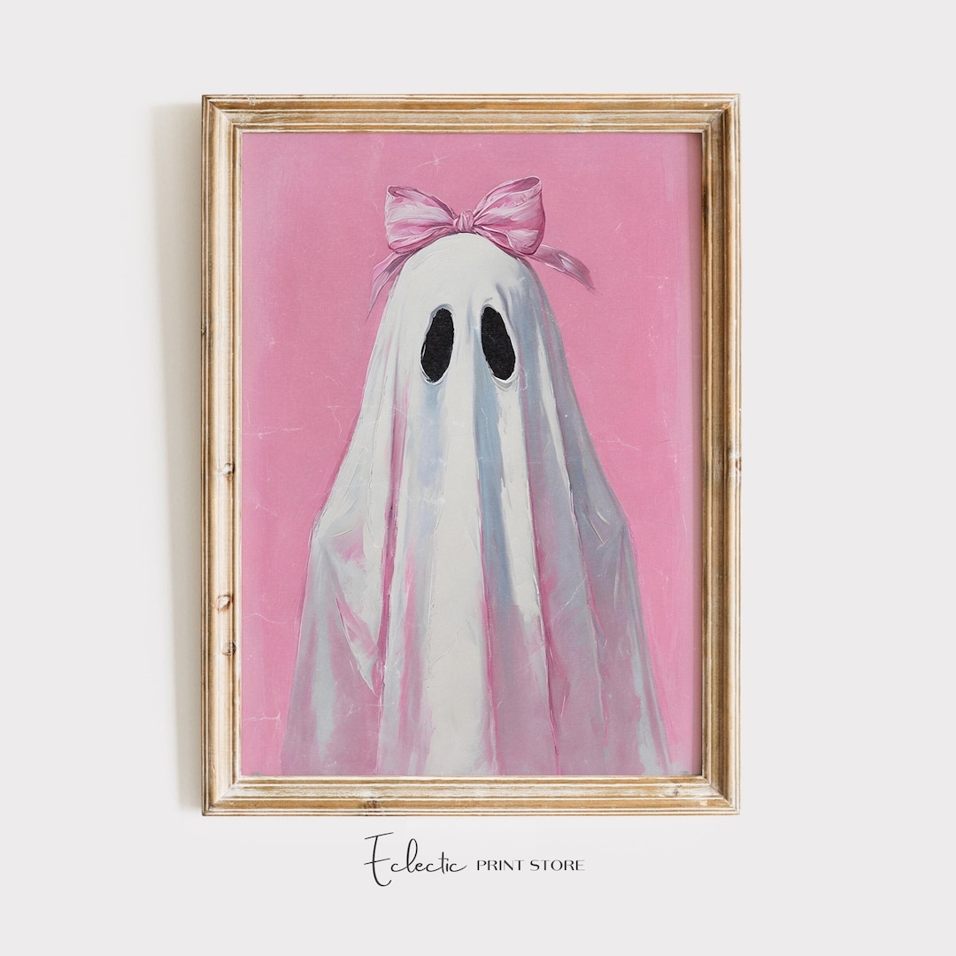 Pink Ghost Wall Art Cute Ghost With Pink Bow Print Pink Halloween Decor ...