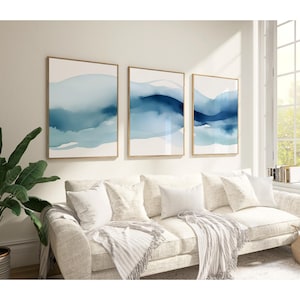 Watercolor Waves Abstract Print Set of 3 Ombre Blue Wall Art Blue Wave ...