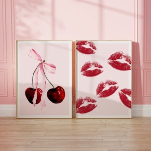 Coquette Wall Art Set of 2 Prints Cherry Poster Pink Bow Print Ma ...