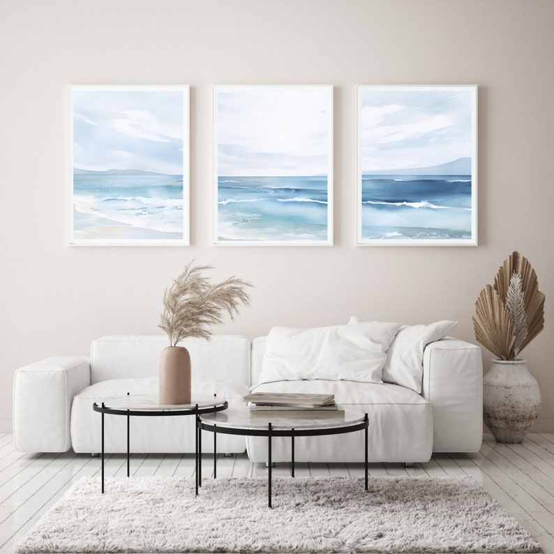 Watercolor Seascape Tryptic Wall Art Ombre Blue Wave Set of 3 - Etsy