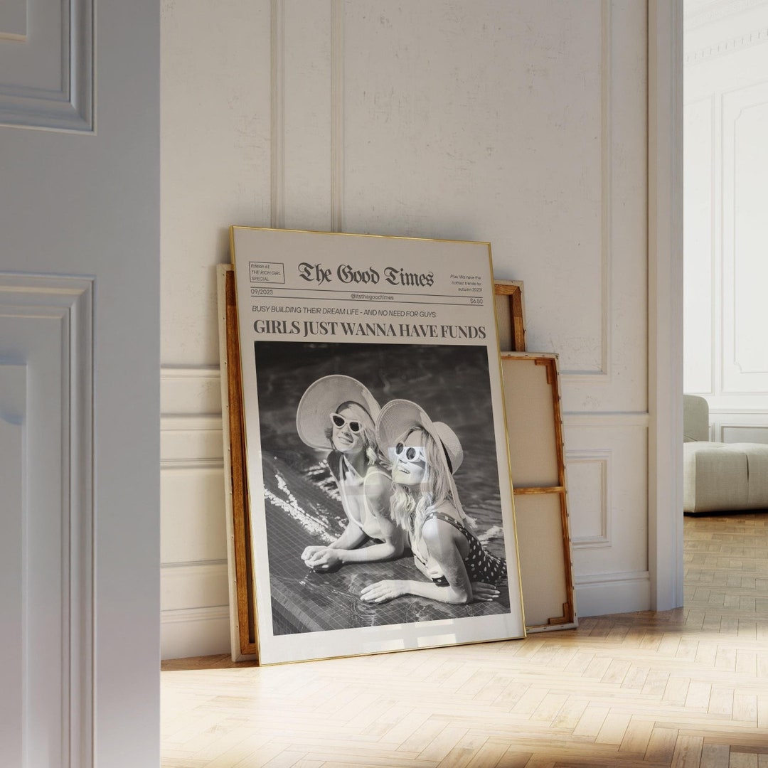 Preppy Newspaper Print Girls Just Wanna Have Funds Wall Art Trendy ...