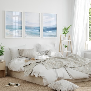 Watercolor Seascape Tryptic Wall Art Ombre Blue Wave Set of 3 Softness ...