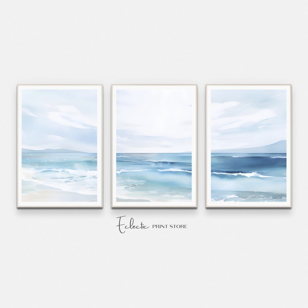 Watercolor Seascape Tryptic Wall Art Ombre Blue Wave Set of 3 - Etsy