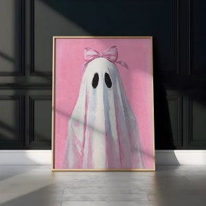 Pink Ghost Wall Art Cute Ghost With Pink Bow Print Pink Halloween Decor ...