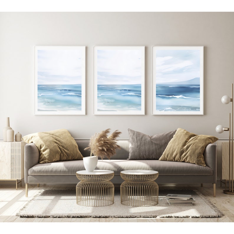 Watercolor Seascape Tryptic Wall Art Ombre Blue Wave Set of 3 - Etsy