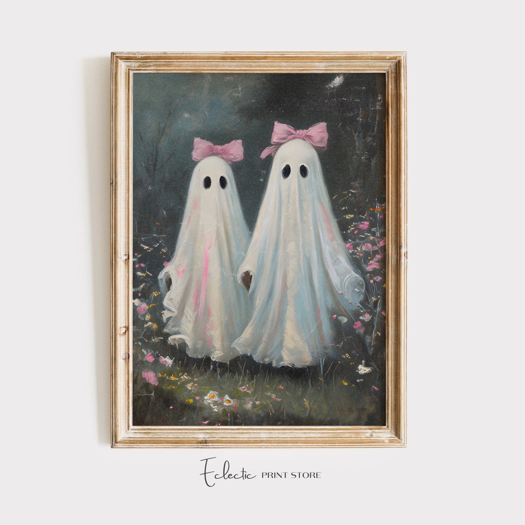 Ghosts in Flower Field Oil Painting Coquette Ghosts With Pink Bow ...