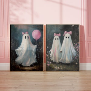 Pink Halloween Decor Set of 6 Prints Coquette Ghost Wall Art Trendy Oil ...