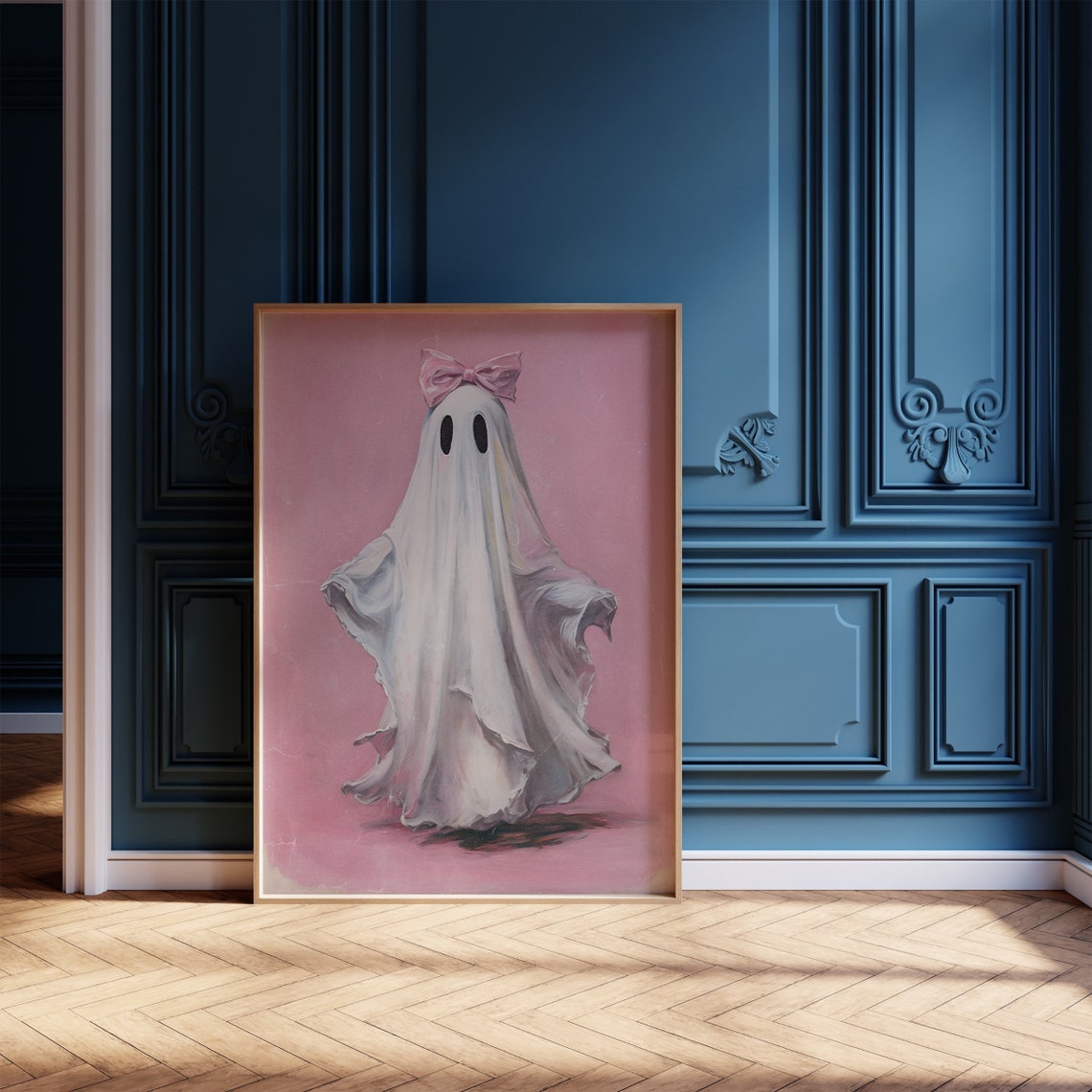 Pink Ghost Wall Art Ghost With Pink Bow Print Pink Halloween Decor ...