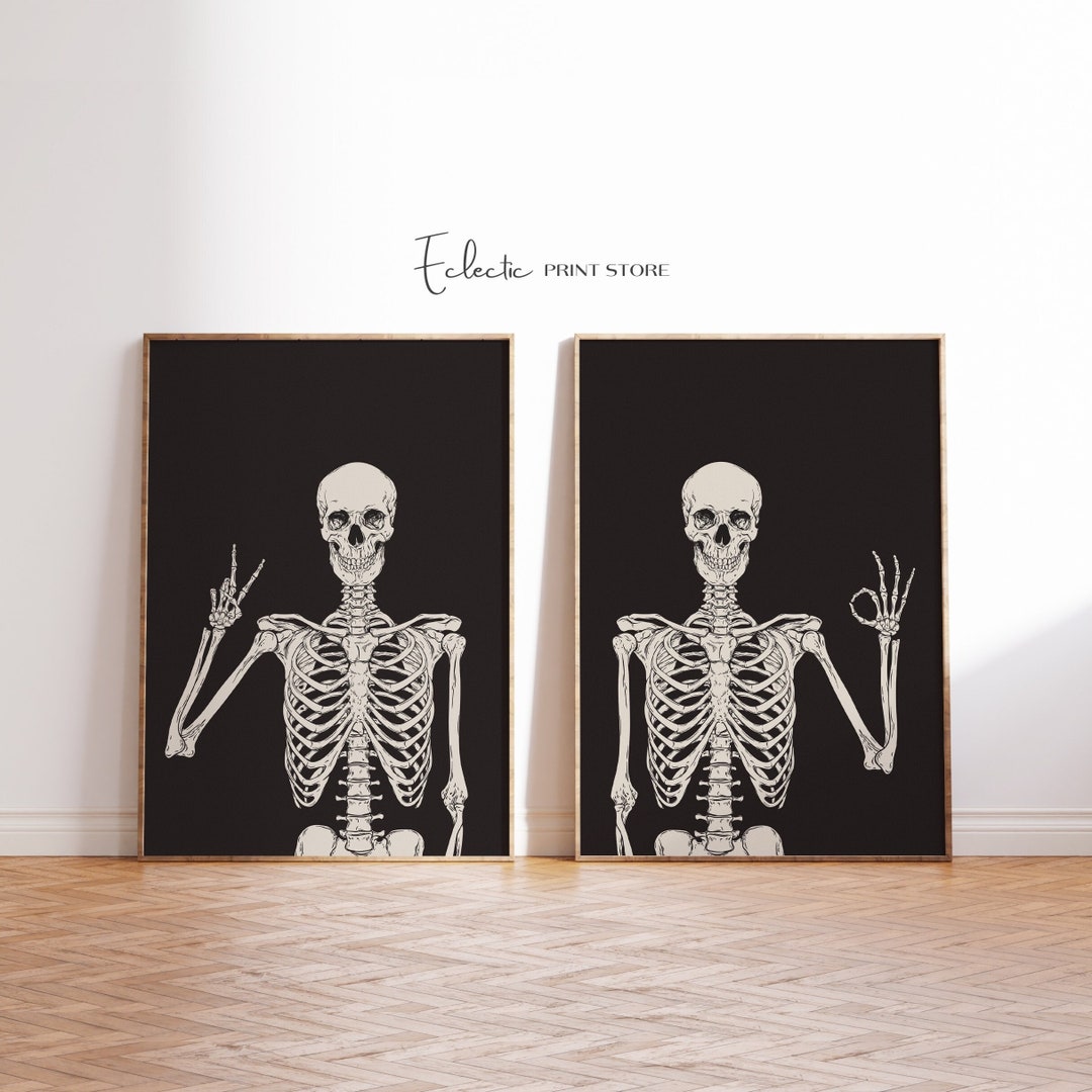 Funny Skeleton Print Set: Halloween Wall Art, Spooky Dorm Decor ...