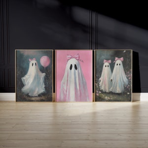 Pink Halloween Decor Set of 6 Prints Coquette Ghost Wall Art Trendy Oil ...