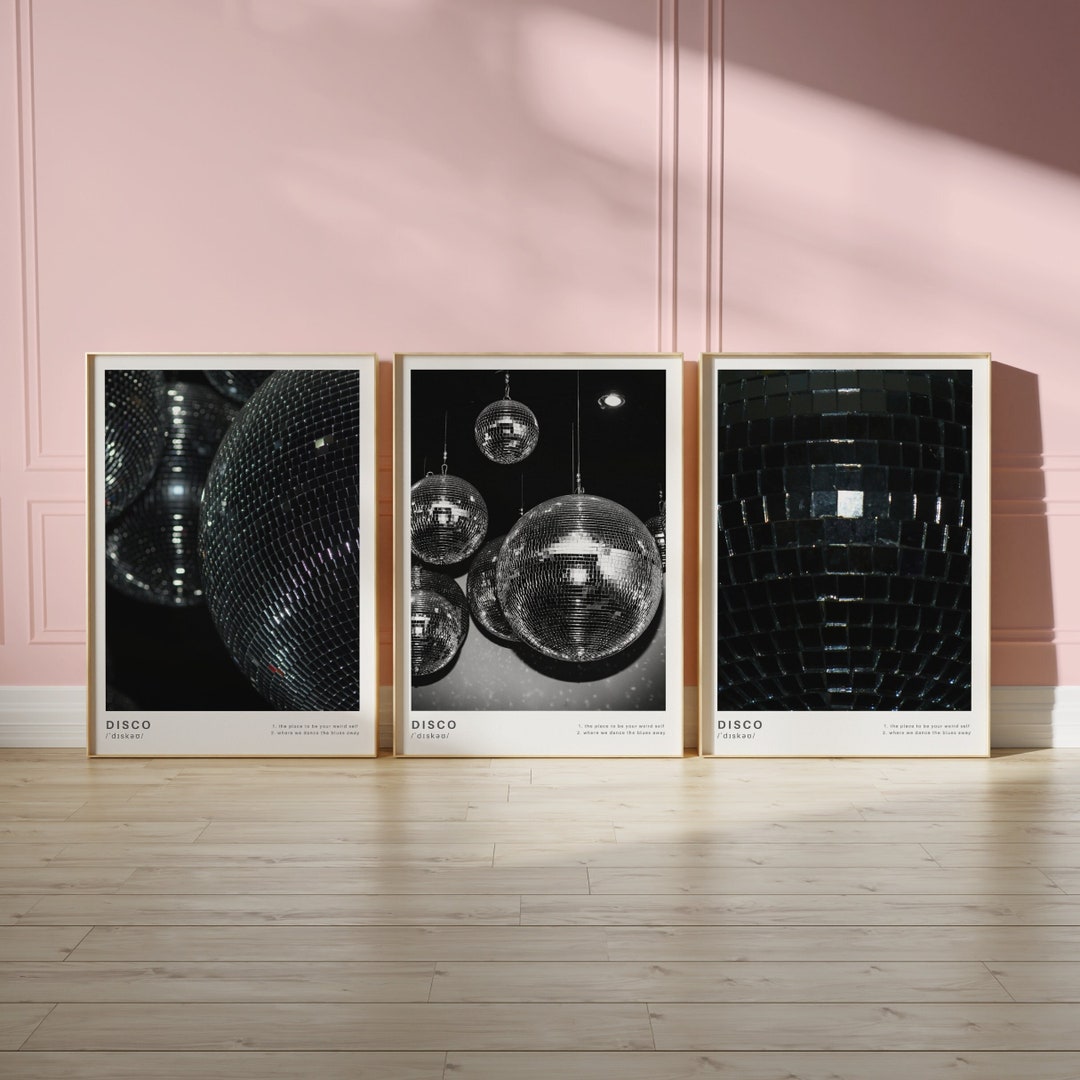 Black Disco Ball Set of 3 Prints Dark Mirrorball Wall Art Luxury 70s ...
