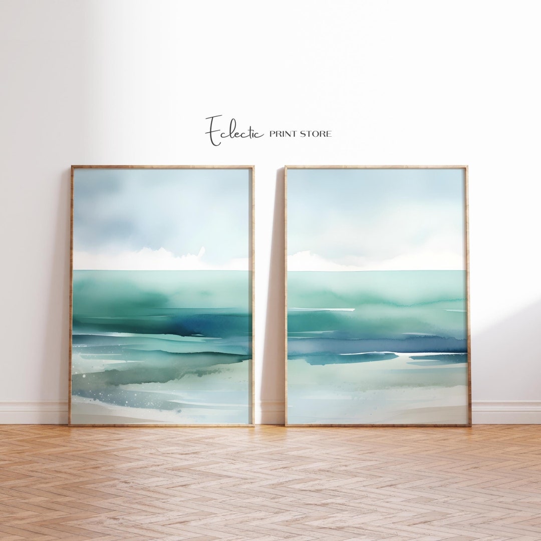 Set of Two Coastal Watercolor Abstract Sea Print Ocean Print Set of 2 Seaside Wall Art Softness ...