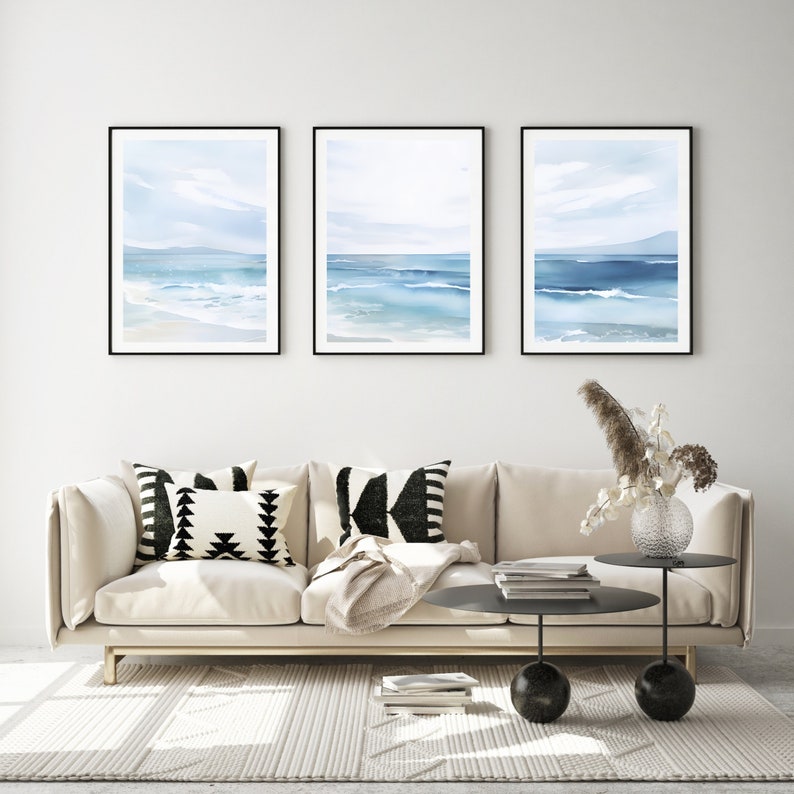 Watercolor Seascape Tryptic Wall Art Ombre Blue Wave Set of 3 - Etsy