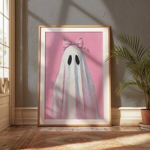 Pink Ghost Wall Art Cute Ghost With Pink Bow Print Pink Halloween Decor ...