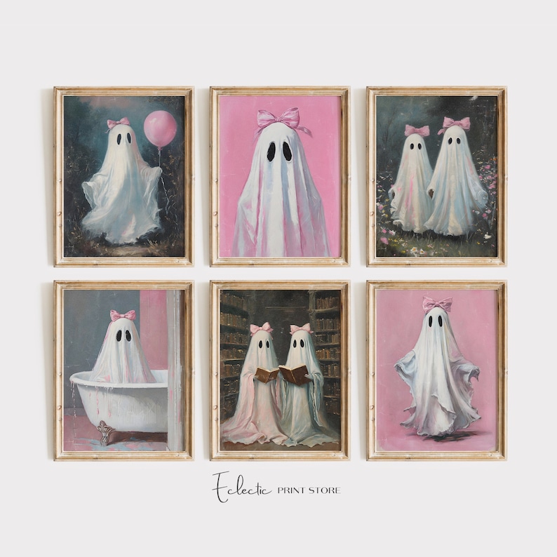 Pink Halloween Decor Set of 6 Prints Coquette Ghost Wall Art Trendy Oil ...