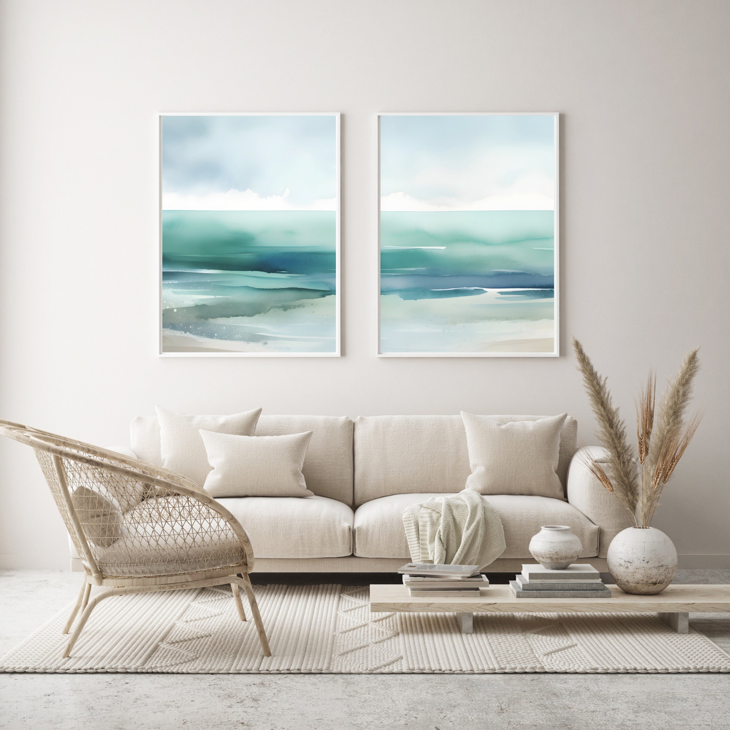 Set of Two Coastal Watercolor Abstract Sea Print Ocean Print Set of 2 Seaside Wall Art Softness ...