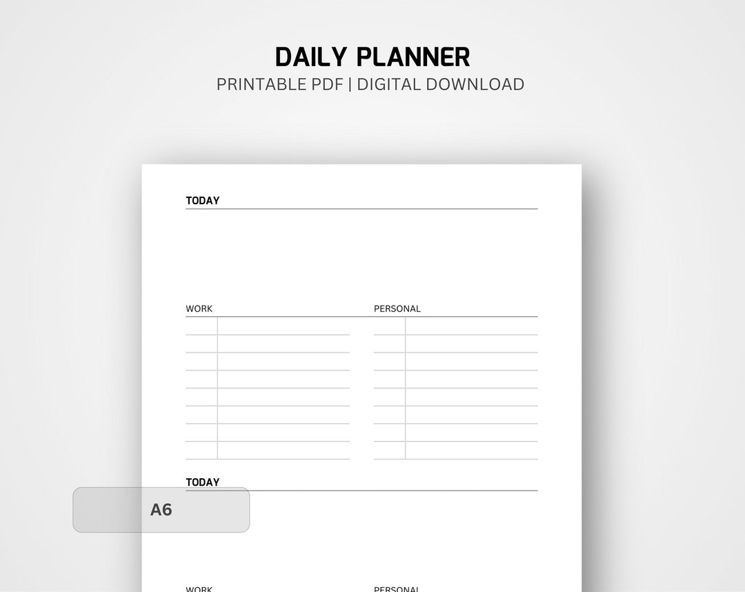 Daily Planner A6 Size Printable Daily Work Agenda Work & Personal to Do ...