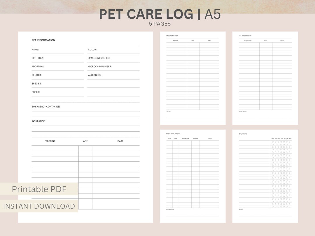 Pet Care Log A5 Printable Planner Inserts Animal Health Information ...