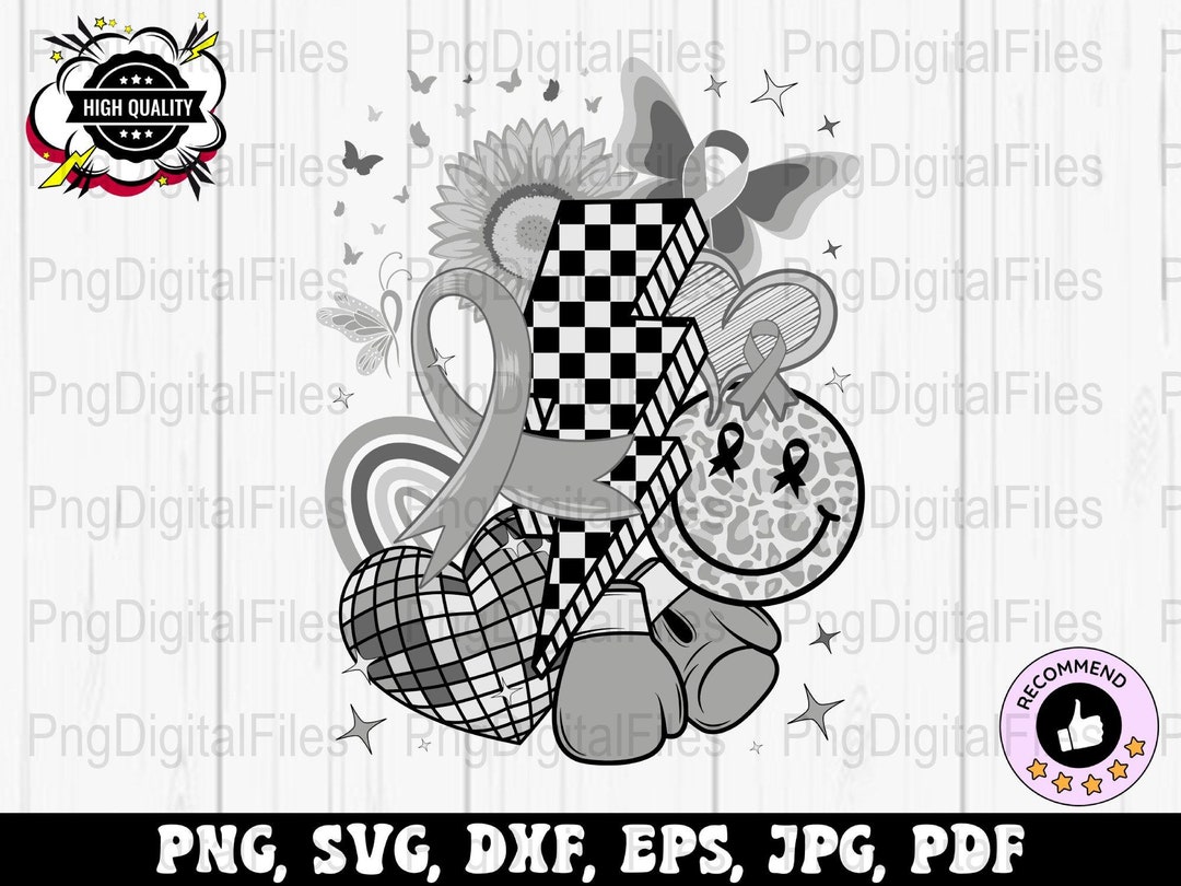 Retro Brain Cancer Gray Ribbon Png Svg, Glioblastoma Svg Cricut, Brain ...