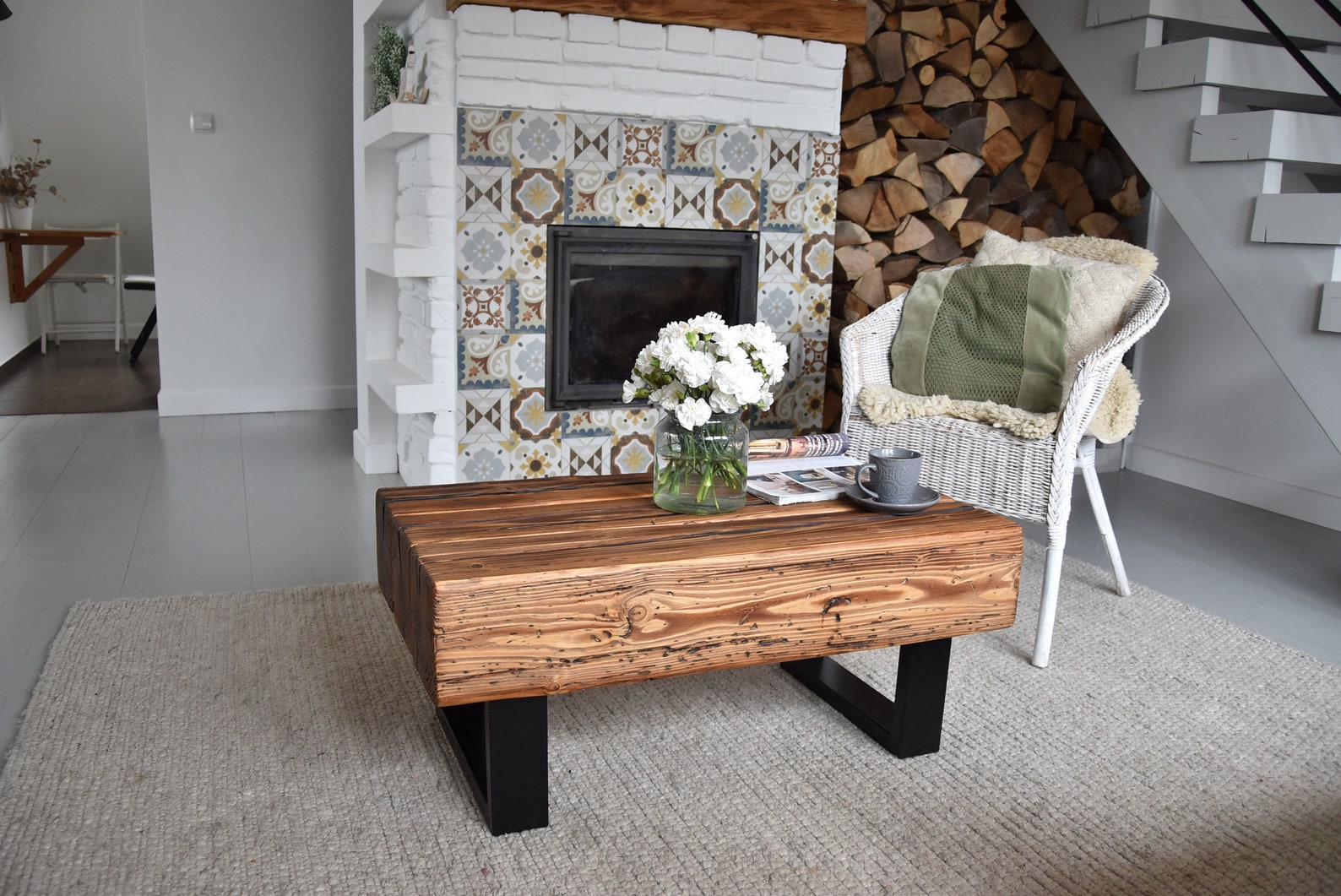Old Beams Coffee Table, Black Metal Legs. Rustic Style Organic Barn ...