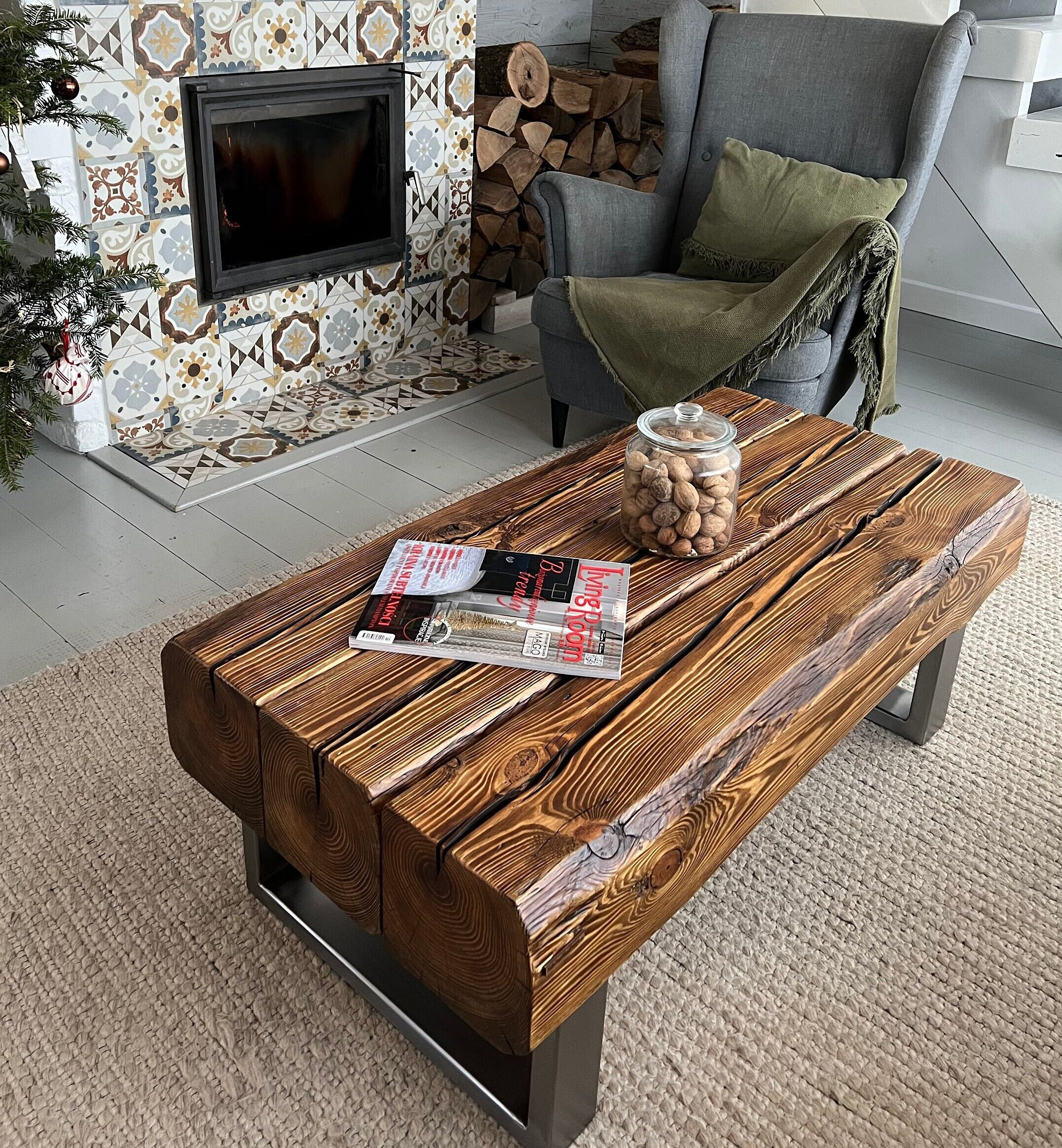 Old Beams Coffee Table Silver Legs Rustic Loft Style Organic Barn Wood ...