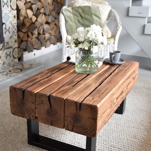 Old Beams Coffee Table, Black Metal Legs. Rustic Style Organic Barn ...