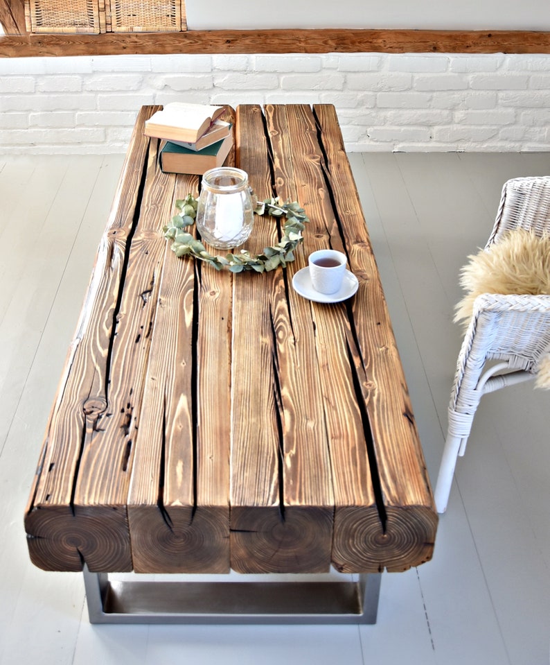 Old Beams Coffee Table Silver Steel Legs Industrial Rustic Country Loft ...