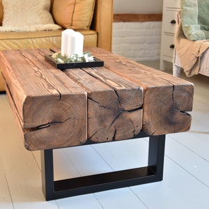 Old Beams Coffee Table, Black Metal Legs. Rustic Style Organic Barn Wood Reclaimed Solid Dark ...